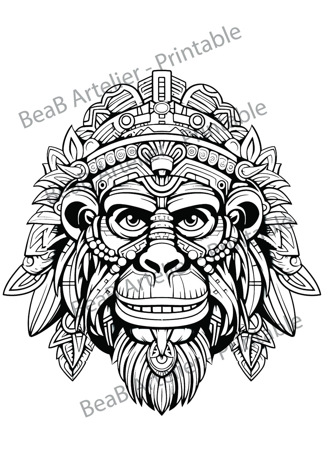 Monkey Aztec | Coloring Page | Printable Adult Kids | Instant Download ...