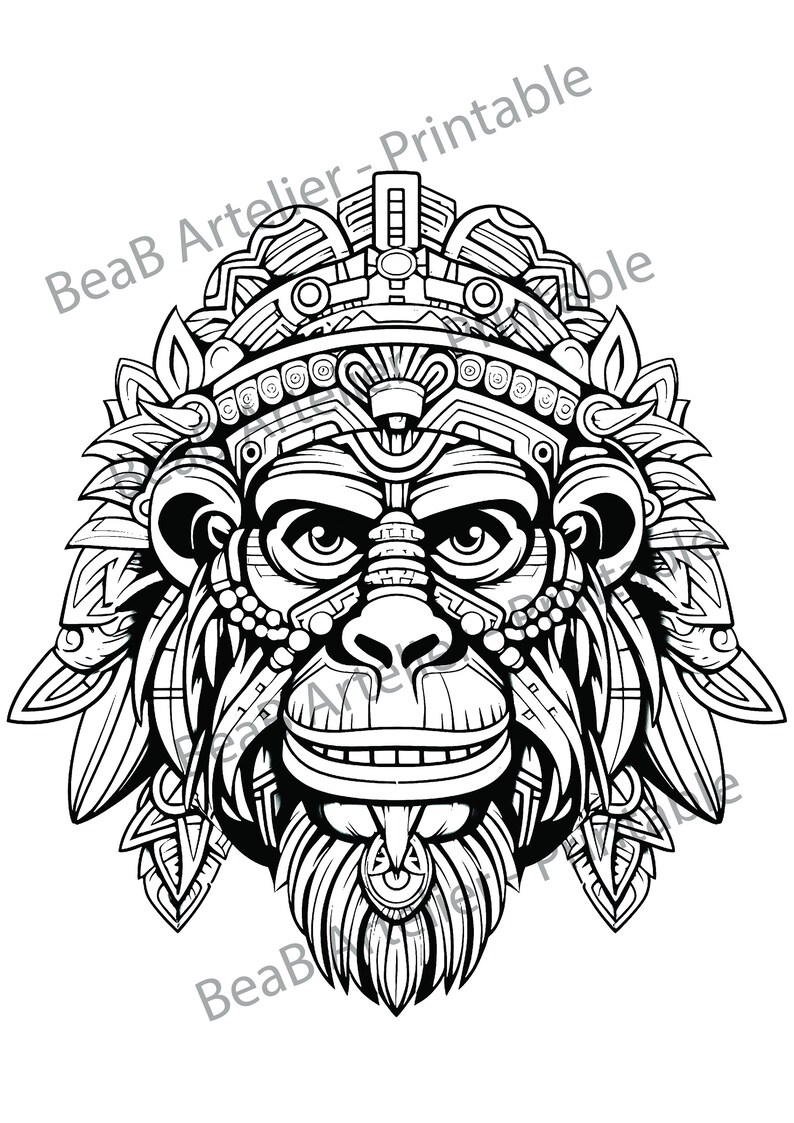 Monkey Aztec | Coloring Page | Printable Adult Kids | Instant Download ...