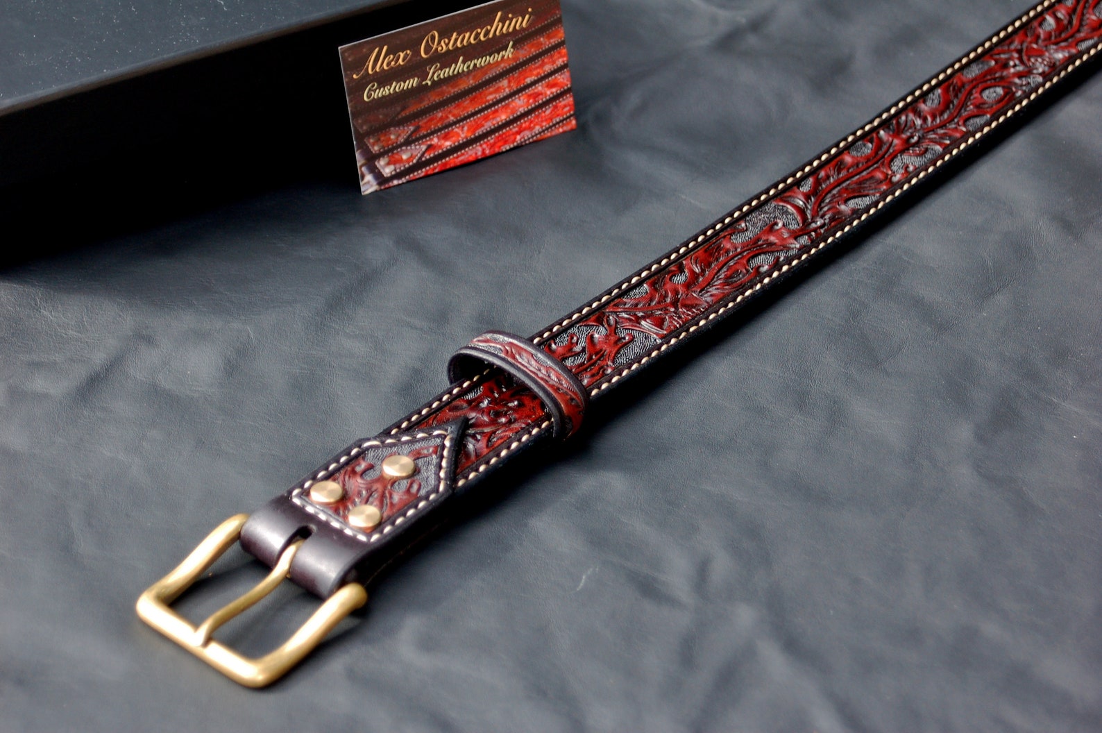 Hand Tooled Oak Leaf Leather Belt Dark Mahogany 36 | Etsy