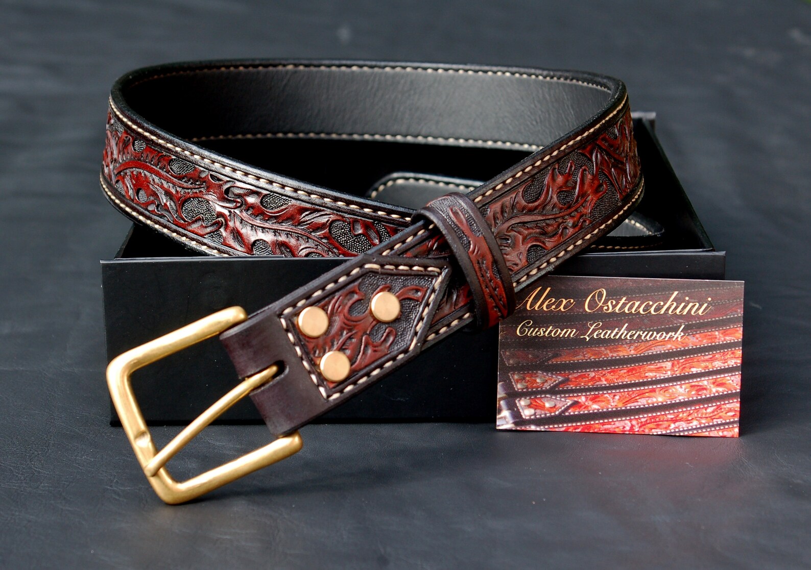 Hand Tooled Oak Leaf Leather Belt Dark Mahogany 36 | Etsy