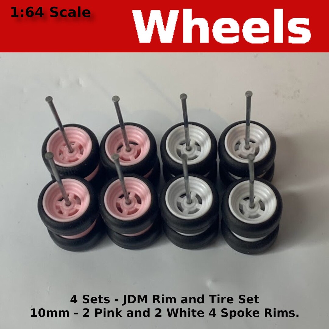 4 Sets-10mm/10mm JDM Pink and White Rims 4 Spoke Rubber Tire Sets. - Etsy