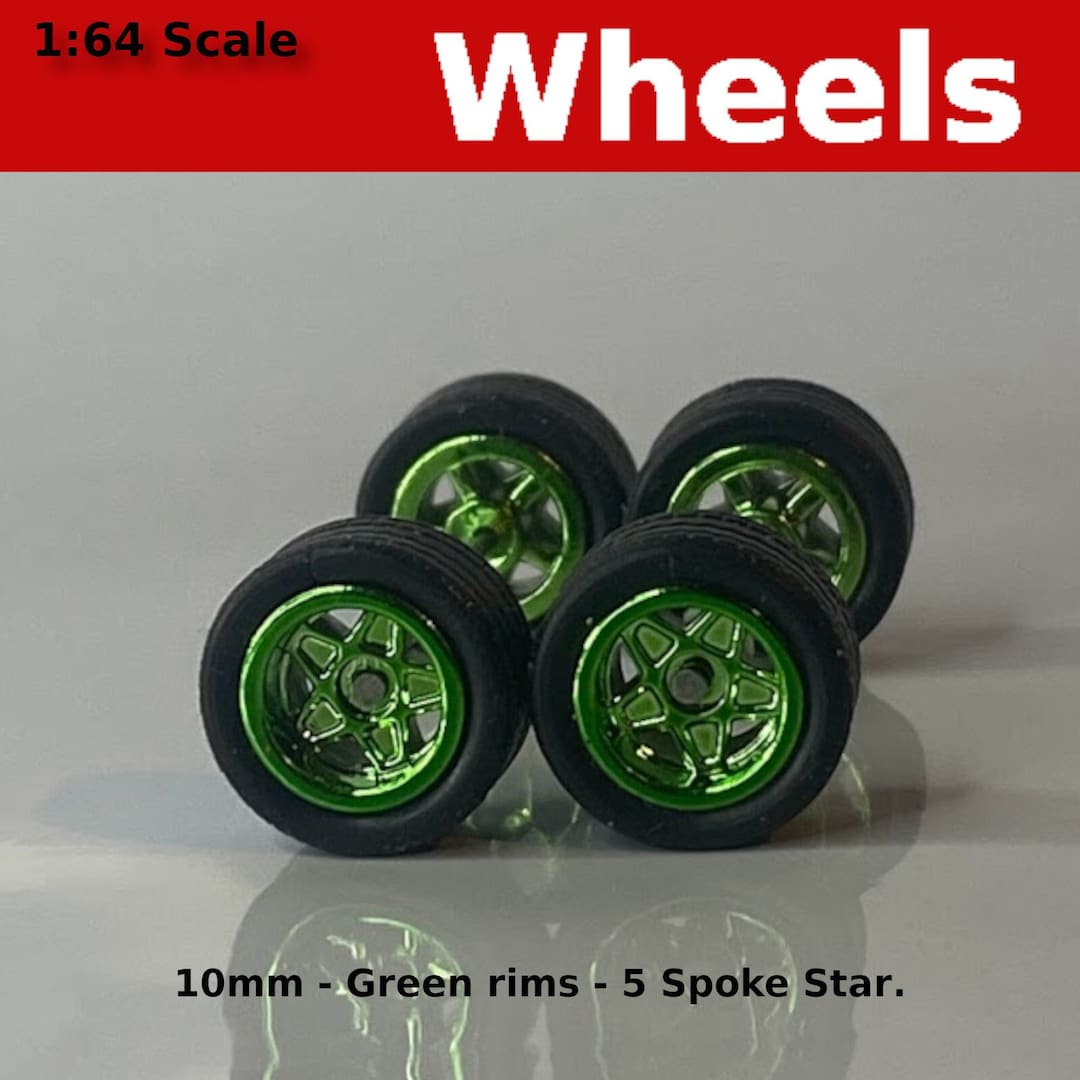 10mm/10mm Green 5 Spoke Star Rims 5 Spoke Treaded Rubber Tire Set. - Etsy