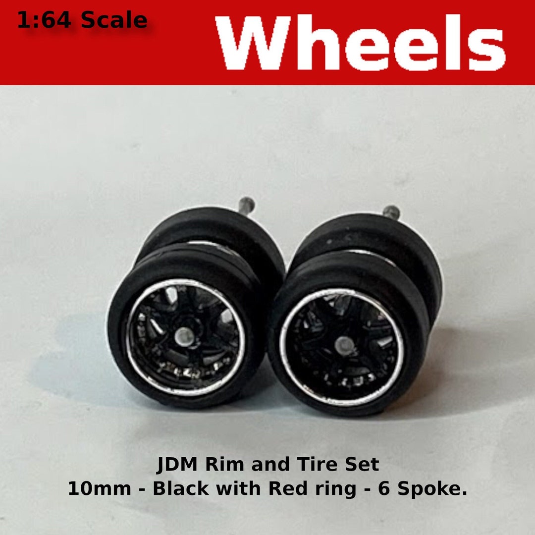 10mm/10mm JDM Black Rims With Thin Chrome 6 Spoke Rubber Tire Set. - Etsy