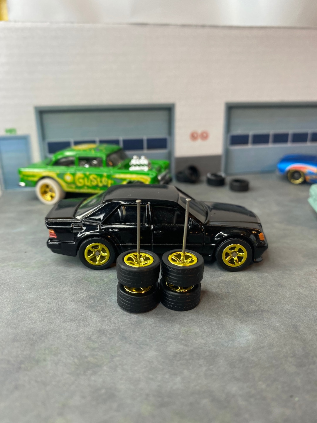 10/10mm Black With Mustard Yellow Rims 5 Spoke Treaded Rubber Tire Set ...