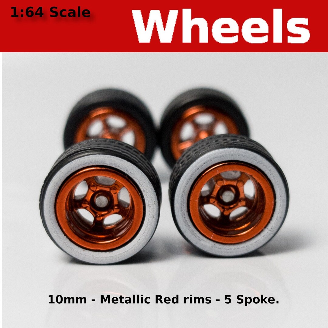 10mm/10mm Metallic Red Rims 5 Spoke Whitewall Treaded Rubber Tire Set ...