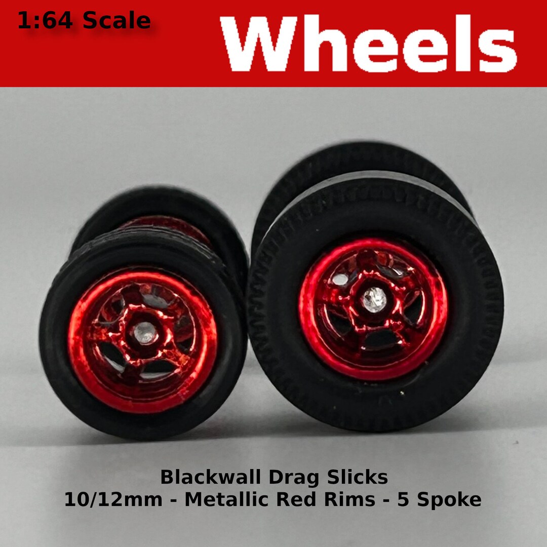 Muscle Car Long Axle - Metallic Red 5 Spoke Blackwall Tire Drag Slicks ...