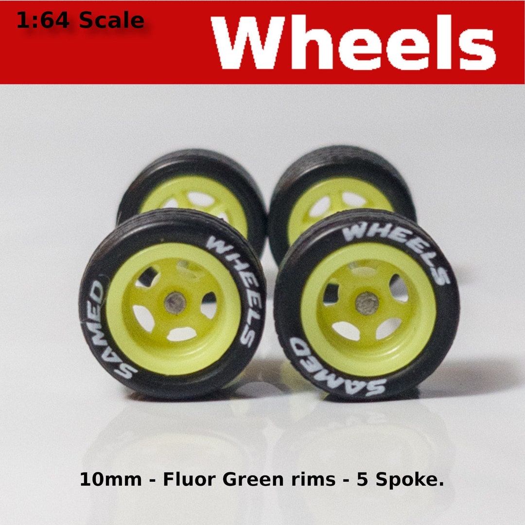 10mm/10mm Lettered With Lime Green Rims 5 Spoke Treaded Rubber Tire Set ...