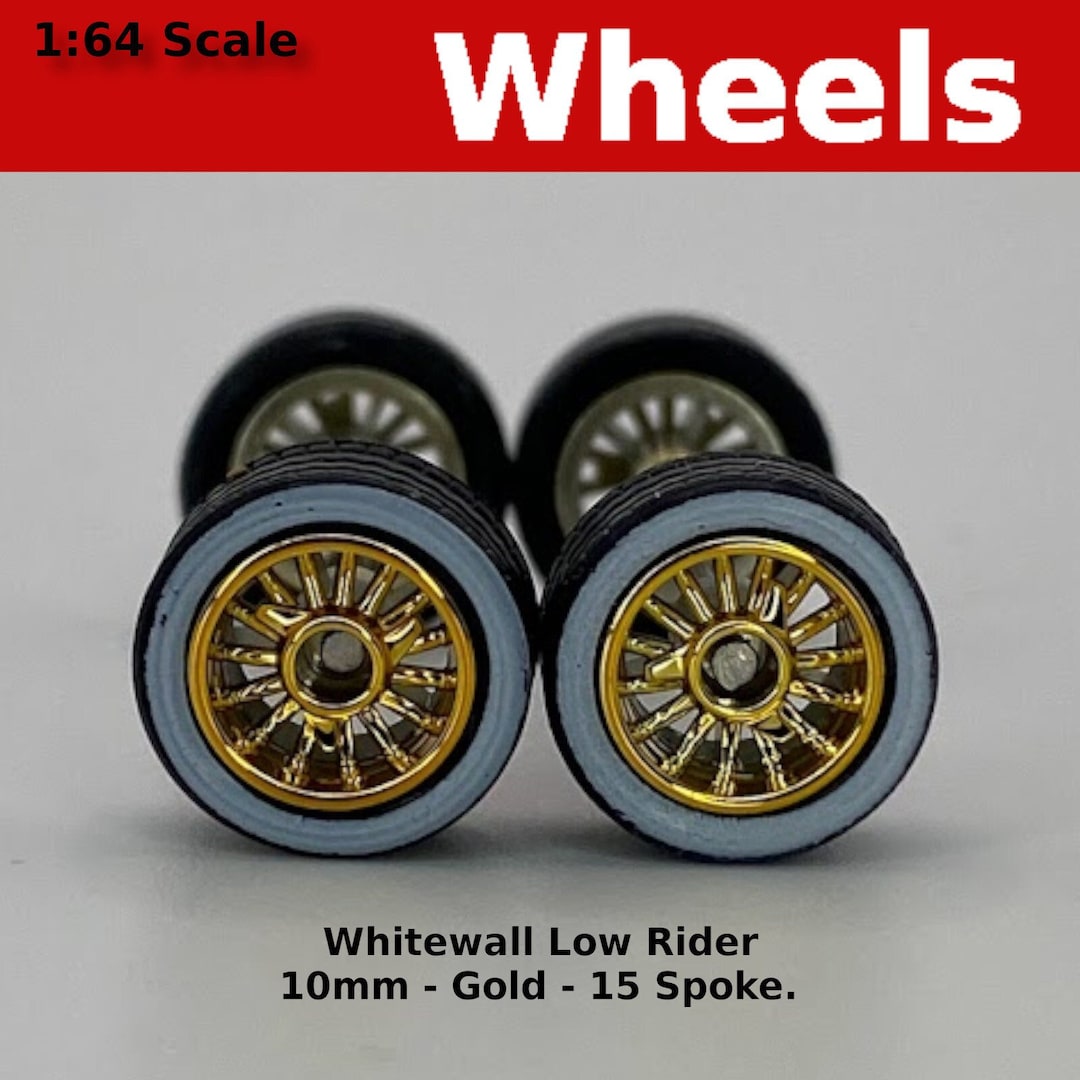 10/10mm Gold Whitewall 15 Spoke Low Rider Real Riders Wheel Set for 1/ ...