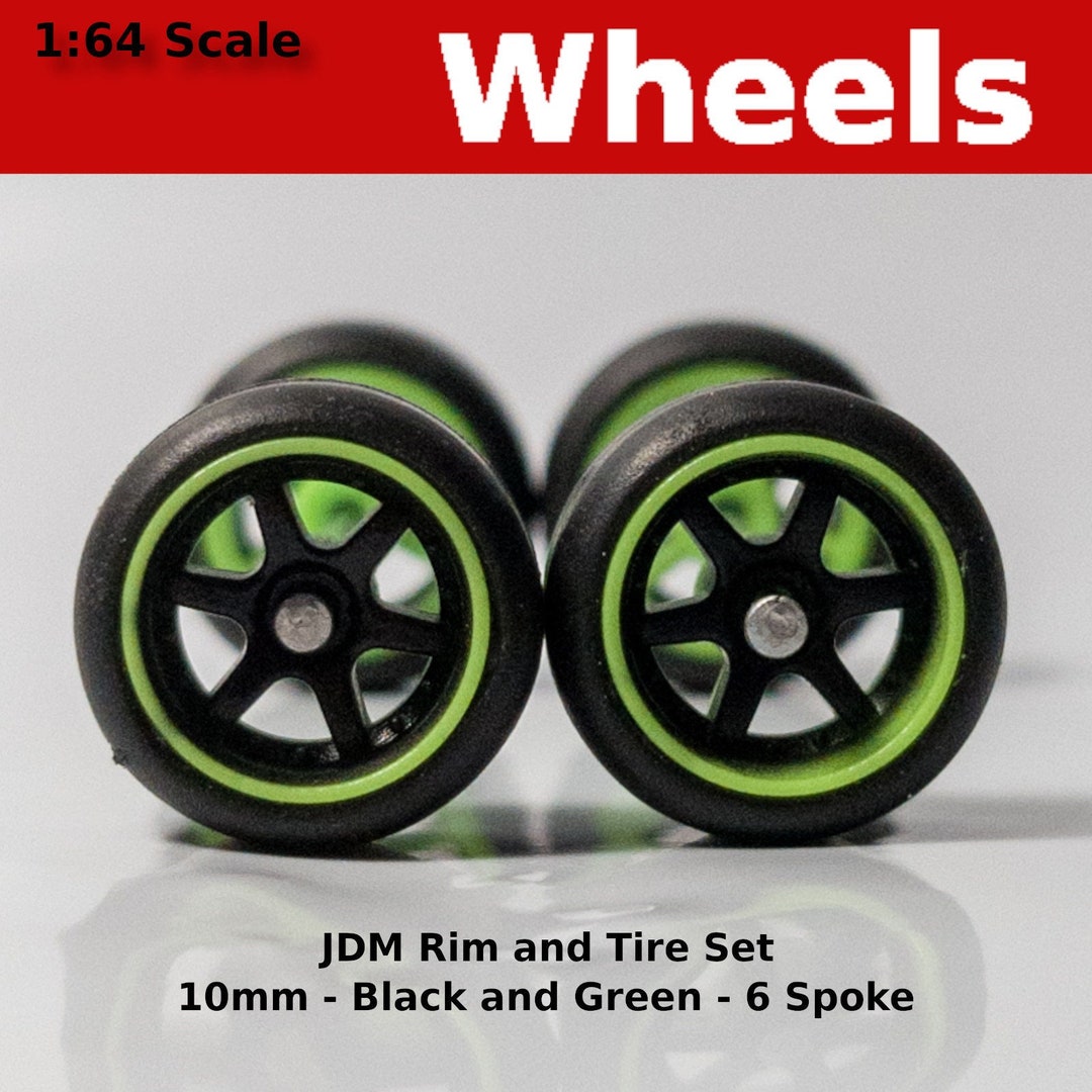 10mm/10mm JDM Black and Green 6 Spoke Rubber Tire Set. - Etsy
