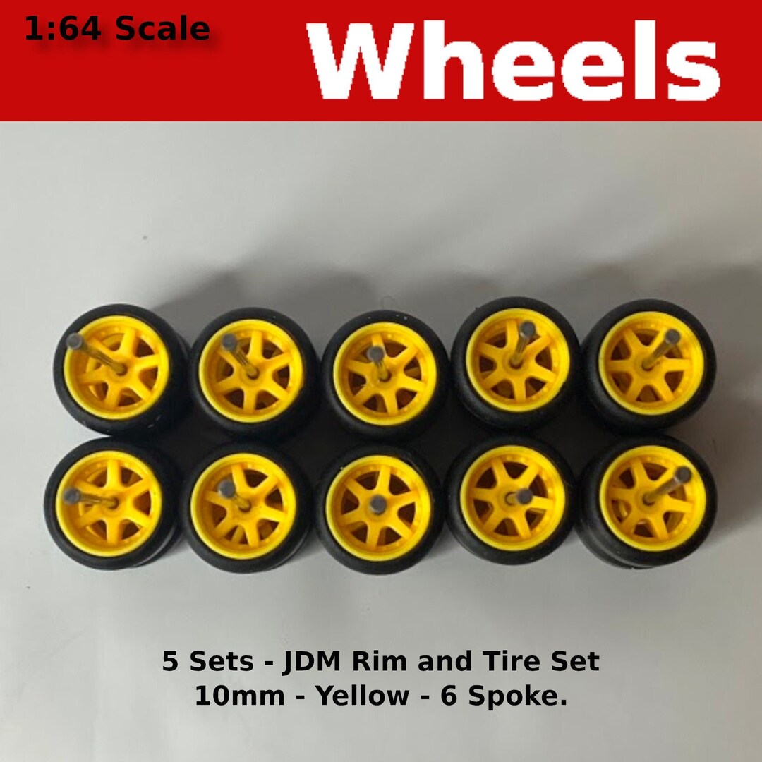 5 Sets - 10mm/10mm JDM Yellow Rims 6 Spoke Rubber Tire Sets. - Etsy