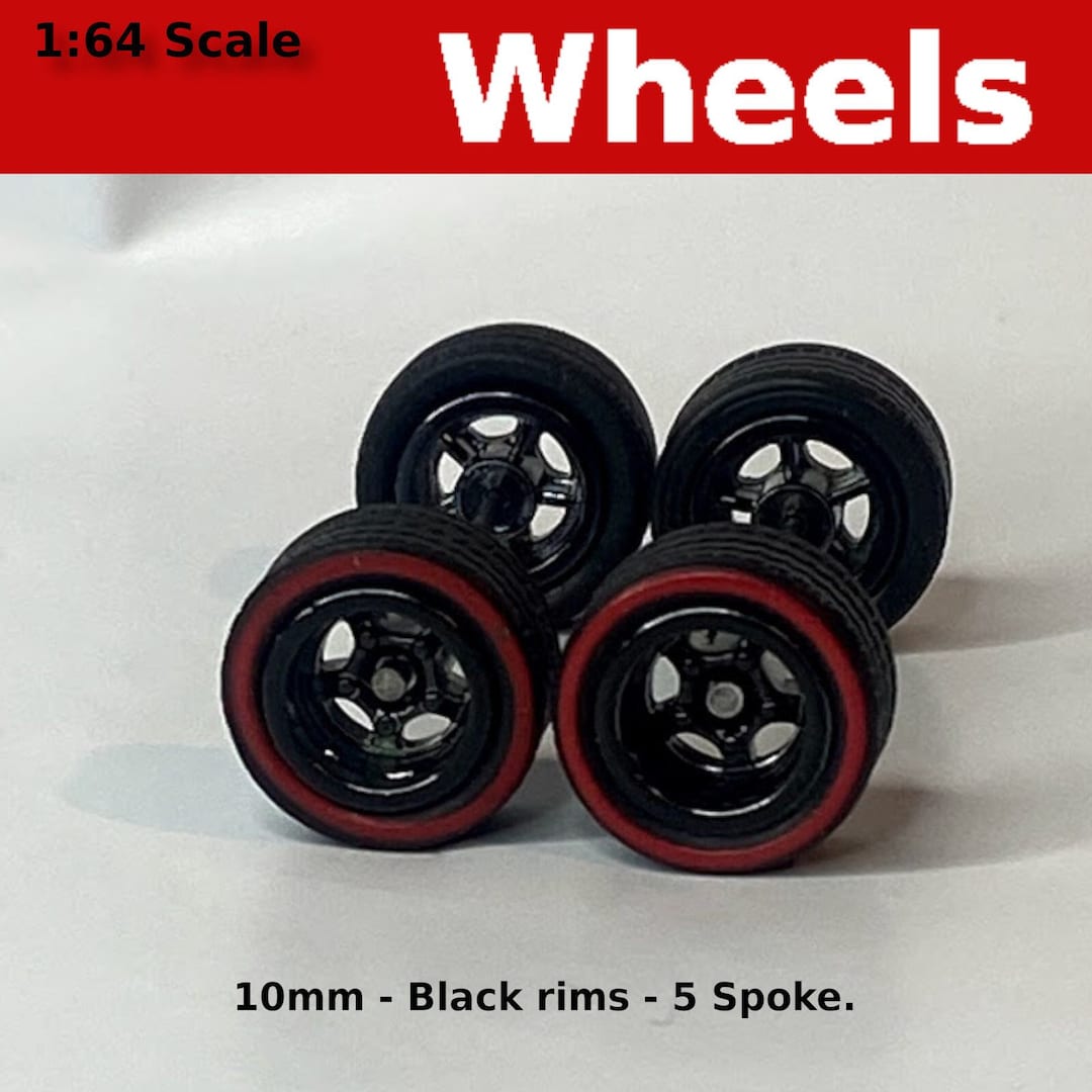 10mm/10mm Redline With Black Rims 5 Spoke Treaded Rubber Tire Set. - Etsy