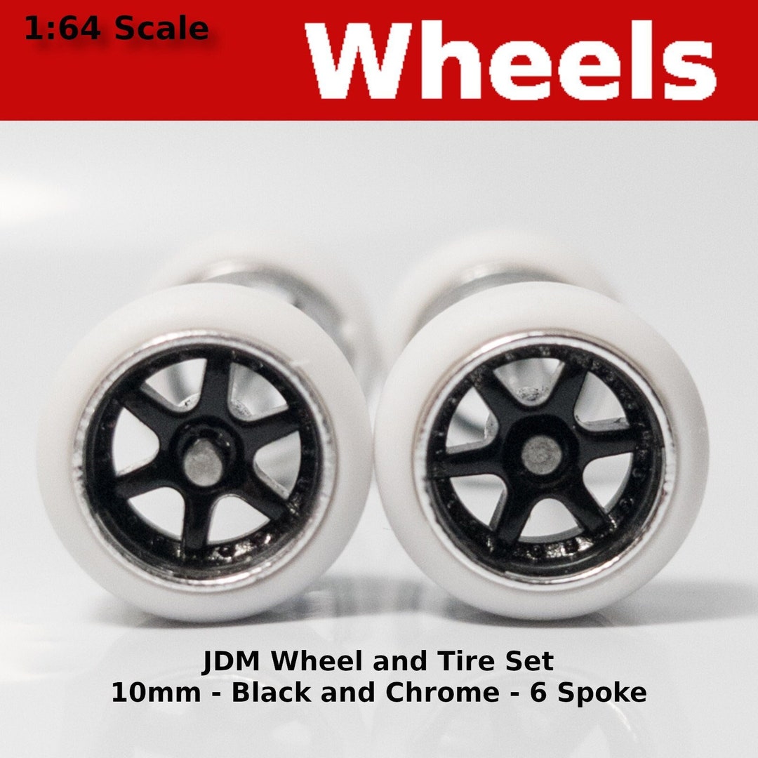 10mm/10mm JDM Black and Chrome Rims With White Tires 6 Spoke Rubber ...