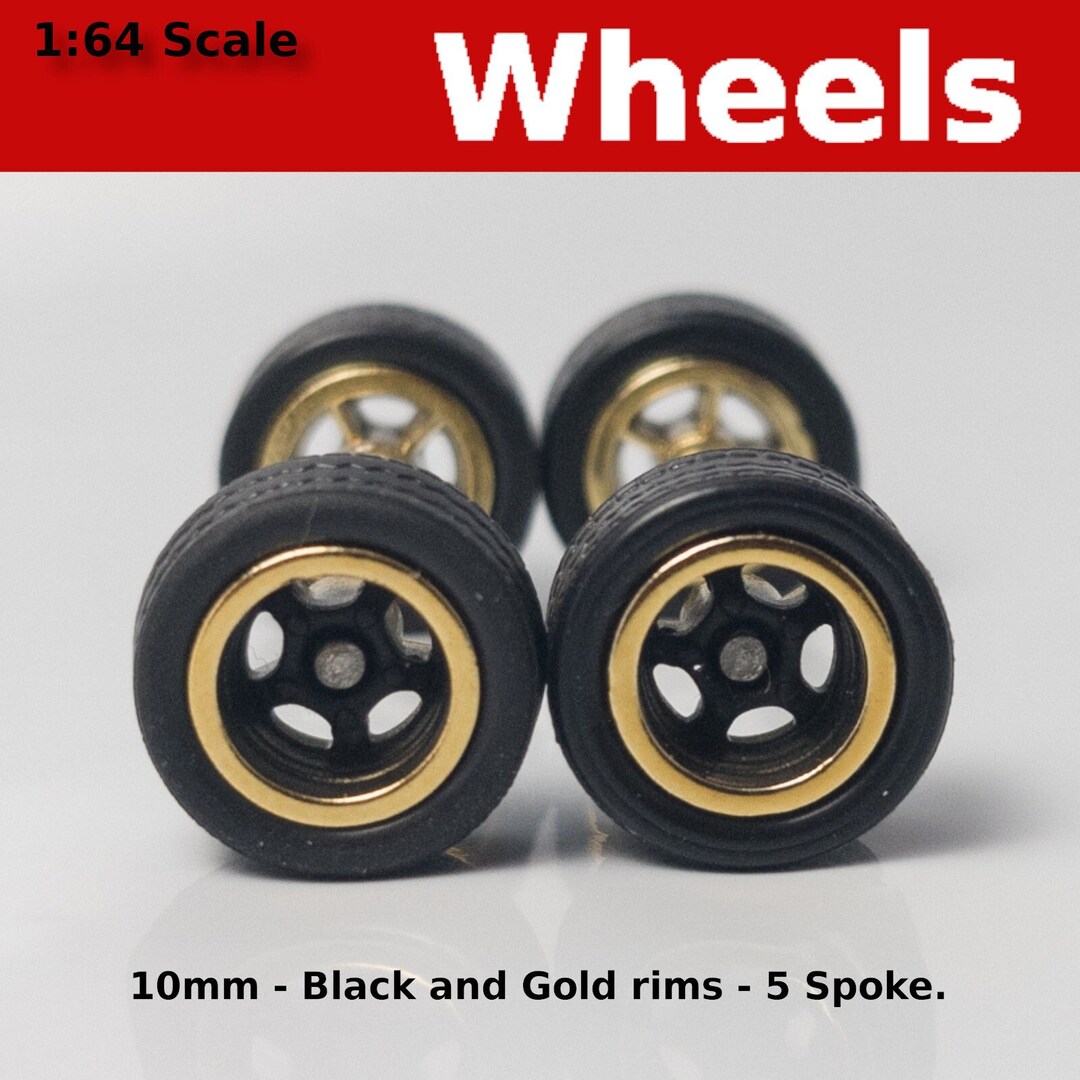 10/10mm Black and Gold Rims 5 Spoke Treaded Rubber Tire Set. - Etsy