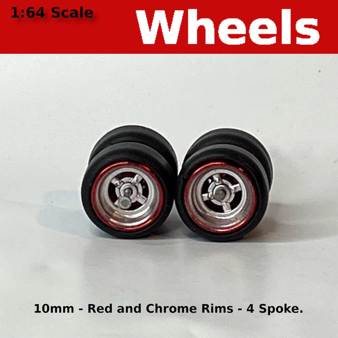 10mm/10mm JDM Red and Chrome Rims 4 Spoke Rubber Tire Set. - Etsy