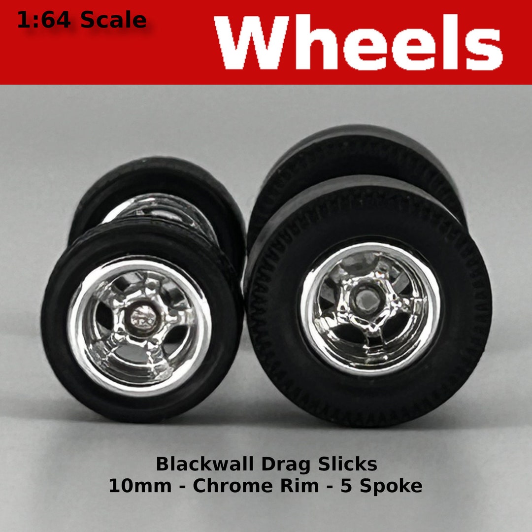 Muscle Car Long Axle - Chrome 5 Spoke Blackwall Tire Drag Slicks - 10mm ...