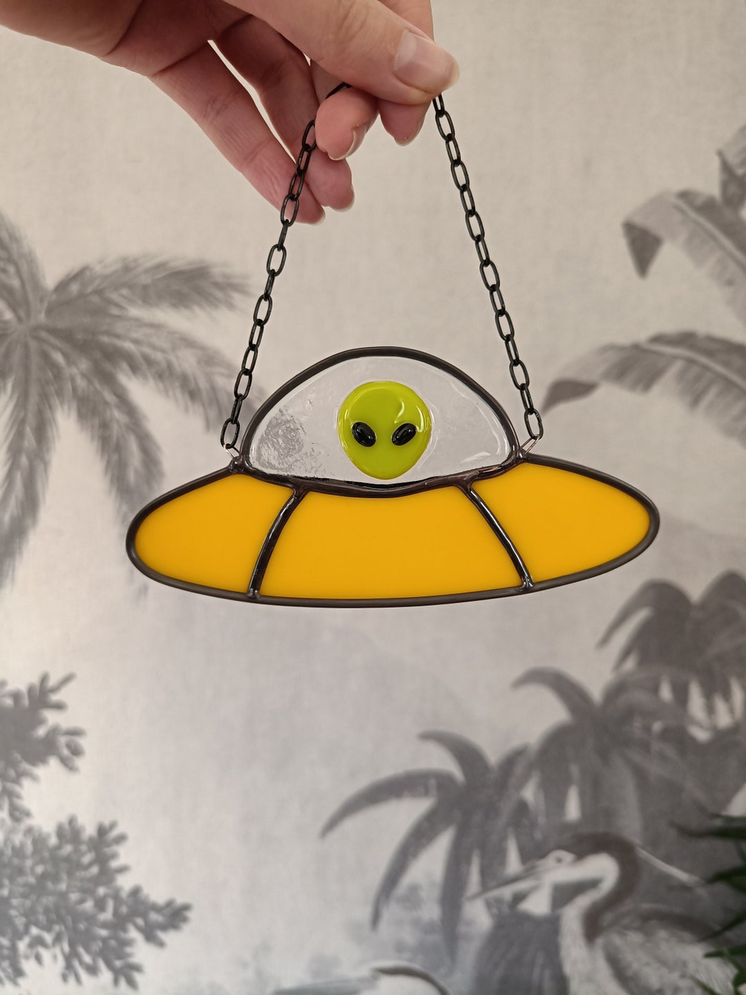 Alien in UFO Yellow Stained Glass Piece | Fused Glass | Geeky Gift | 90 ...