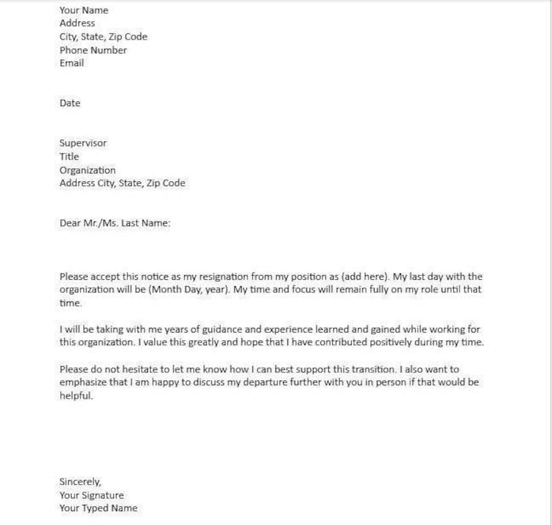 Standard Job Resignation Template - Etsy