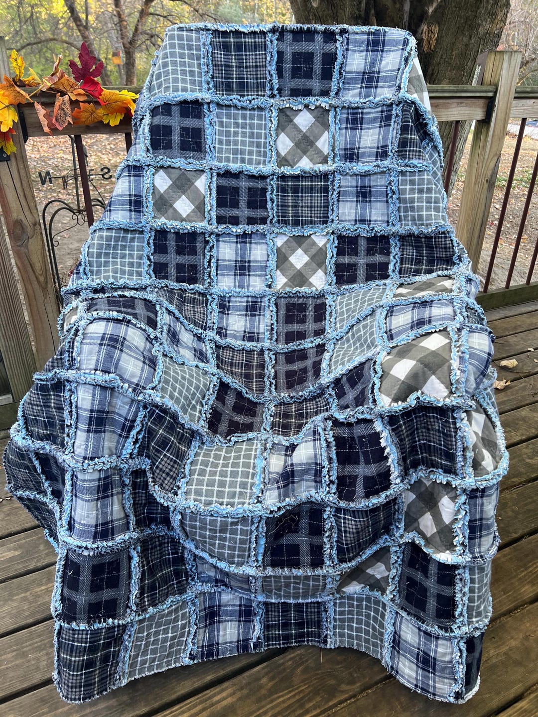 Blue and Gray Plaid Flannel Rag Quilt Throw, Flannel Quilt, Plaid Quilt ...