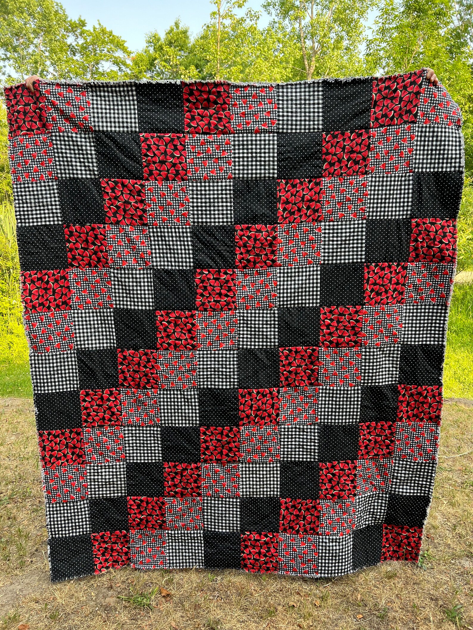 Watermelon Rag Quilt Throw, Quilts, Summer Quilt, Picnic Quilt, Country ...