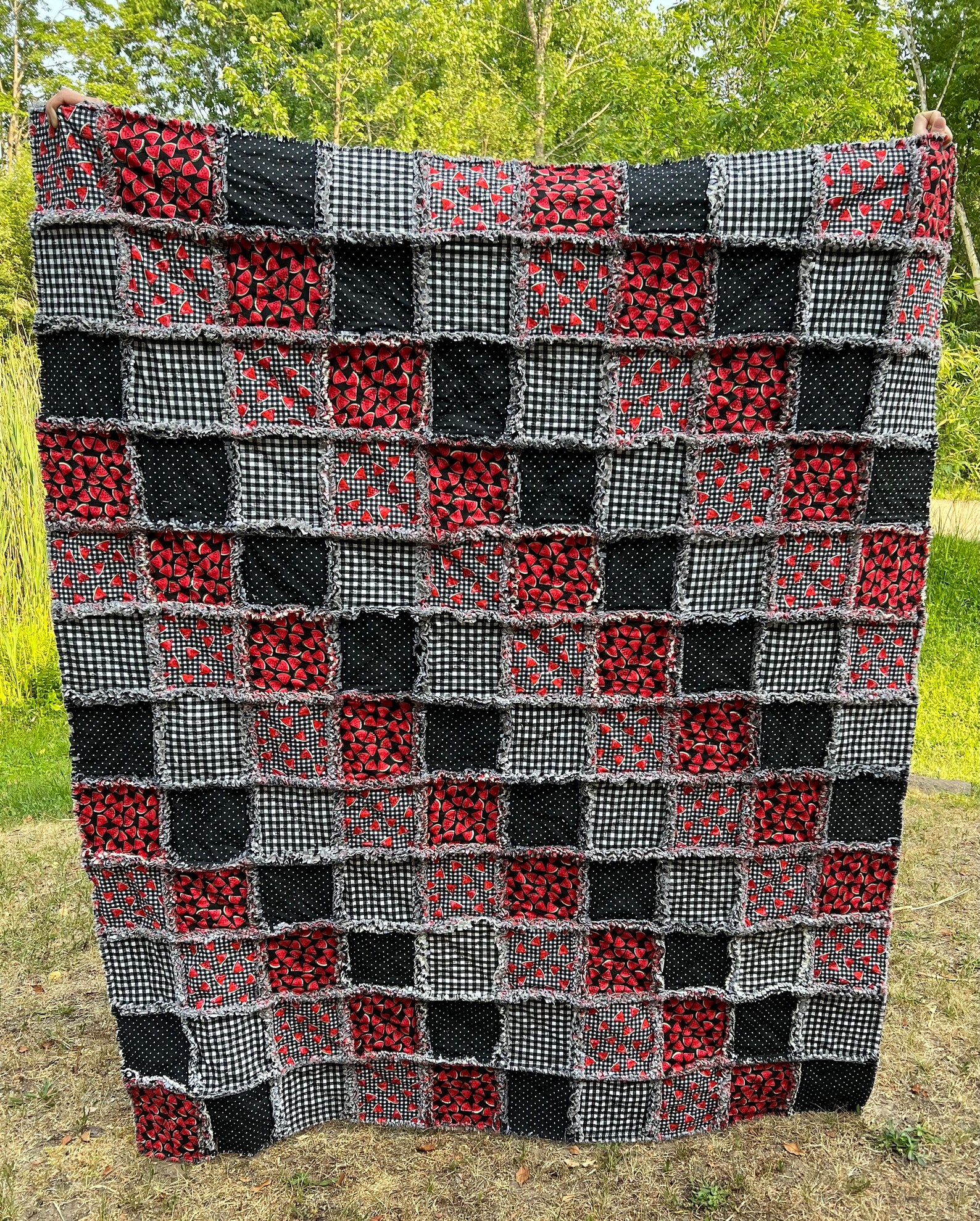 Watermelon Rag Quilt Throw, Quilts, Summer Quilt, Picnic Quilt, Country ...