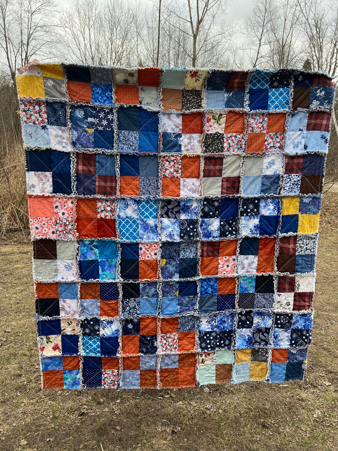 Blue Scrappy Rag Quilt Throw, One of a Kind Quilt, Scrappy Quilt, Rag ...