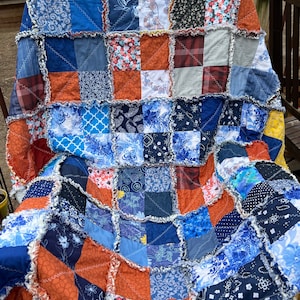 Blue Scrappy Rag Quilt Throw, One of a Kind Quilt, Scrappy Quilt, Rag ...