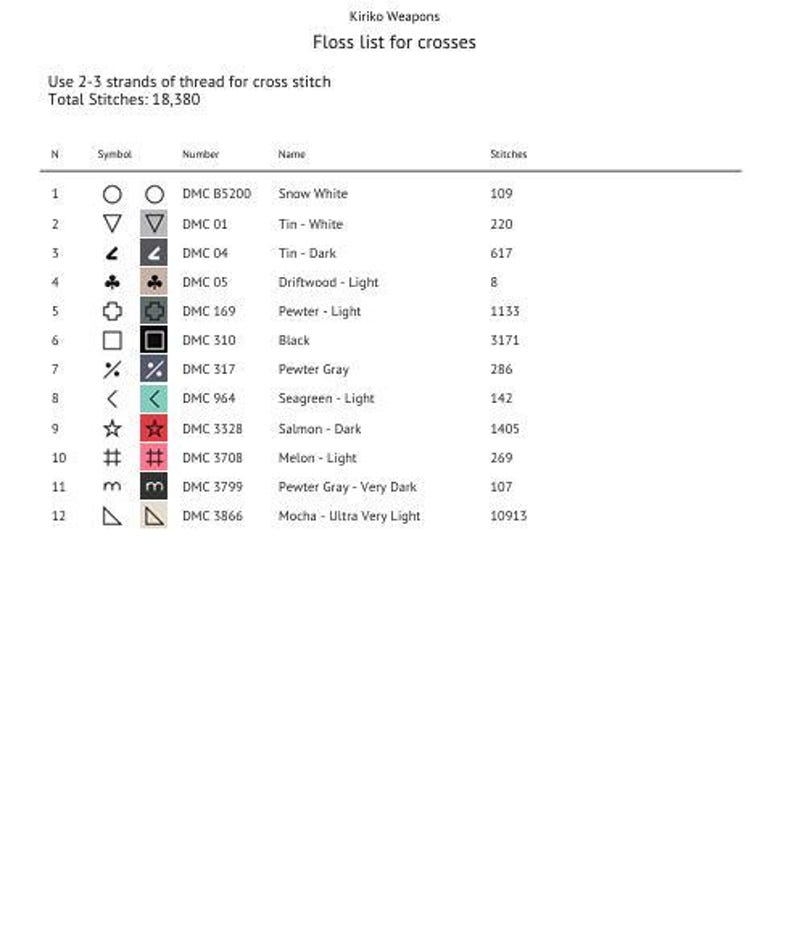 Kiriko Weapon Cross Stitch Pattern. PDF Pattern. Colored, BW, and ...