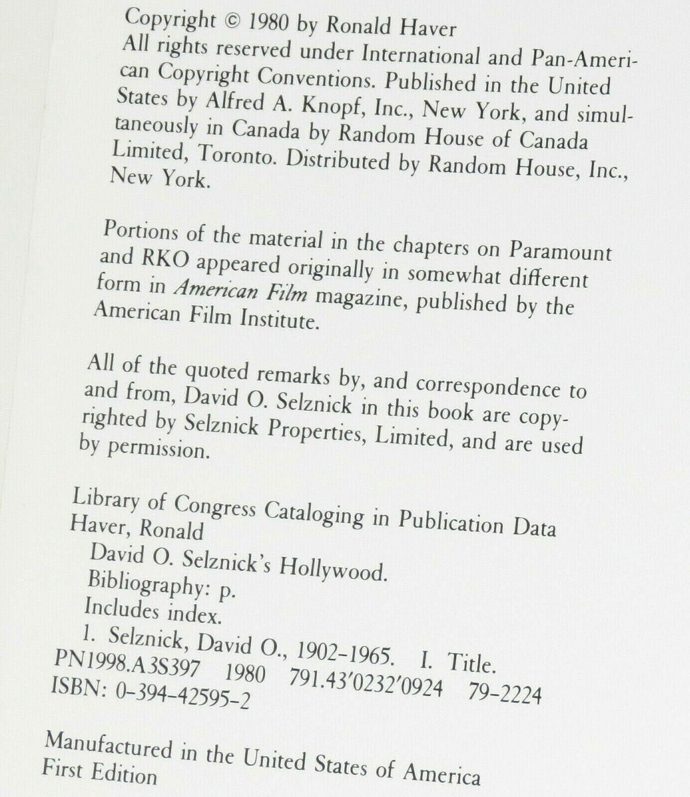 David O Selznick's Hollywood by Ronald Haver 1st Edition 1980 USA No ...