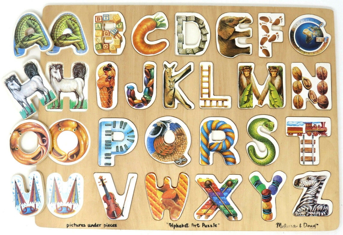 Melissa & Doug Alphabet Puzzle Disney Knob Puzzle Bag of 50 ABC Blocks ...