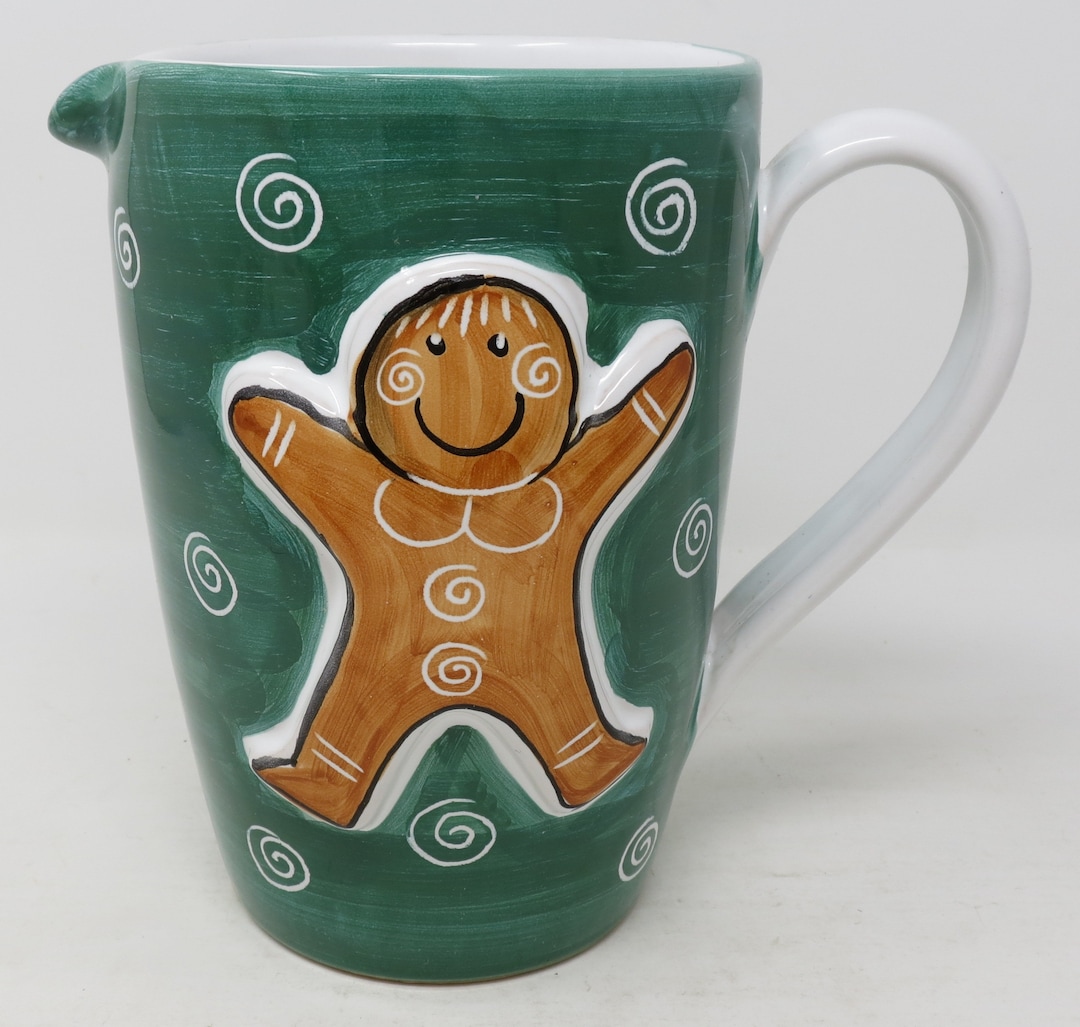 Holiday Gingerbread Man Ceramic Pitcher Hand Painted Italy 7 1/2 Tall ...