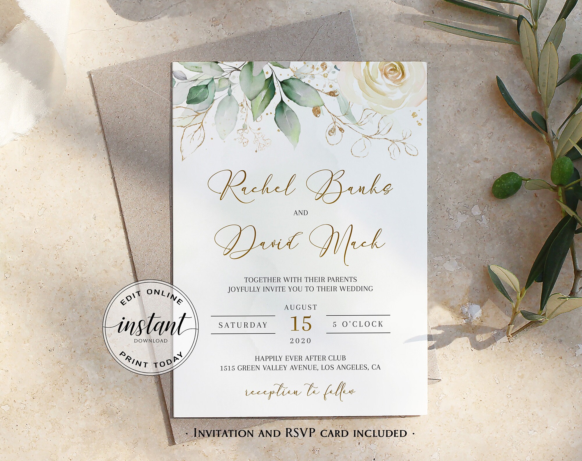 Greenery Wedding Invitation Template Download Printable - Etsy