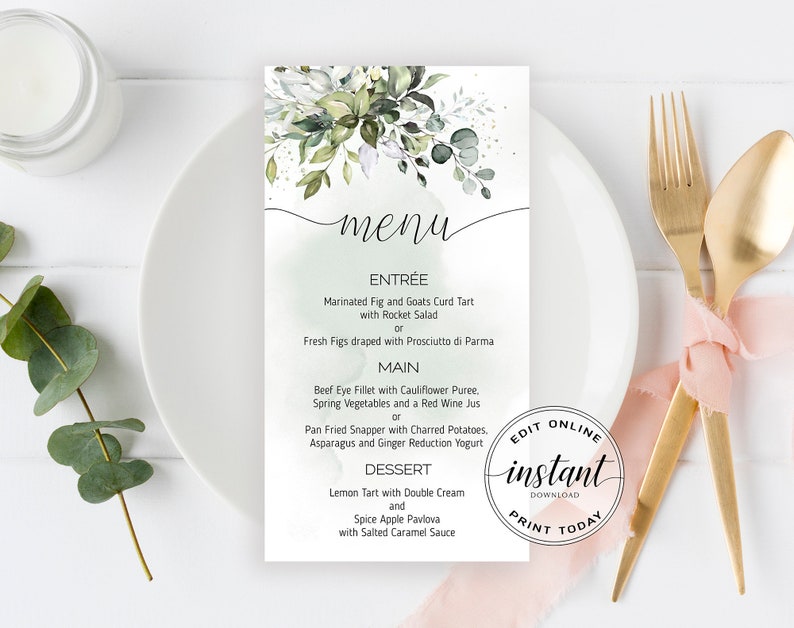 Greenery Watercolor Wedding Menu Printable Wedding Menu - Etsy