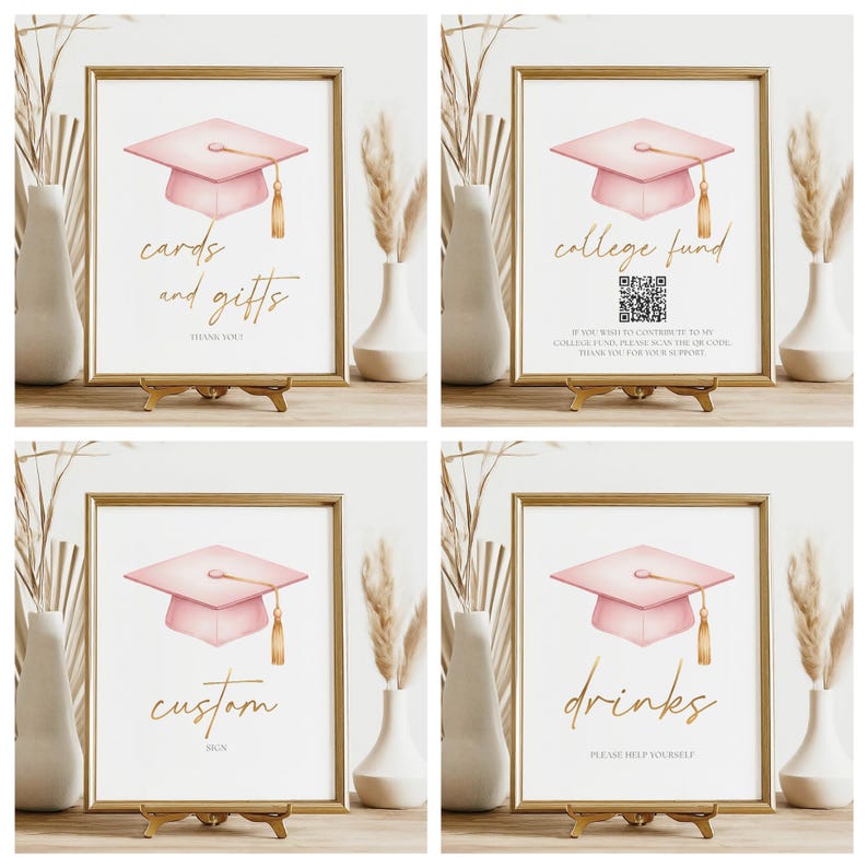 Graduation Party Sign Bundle, Pink Gold Cap & Tassel Decor, Class of ...