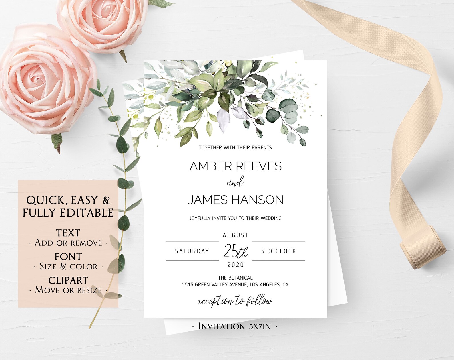 Greenery Wedding Invitation Template Printable Wedding | Etsy