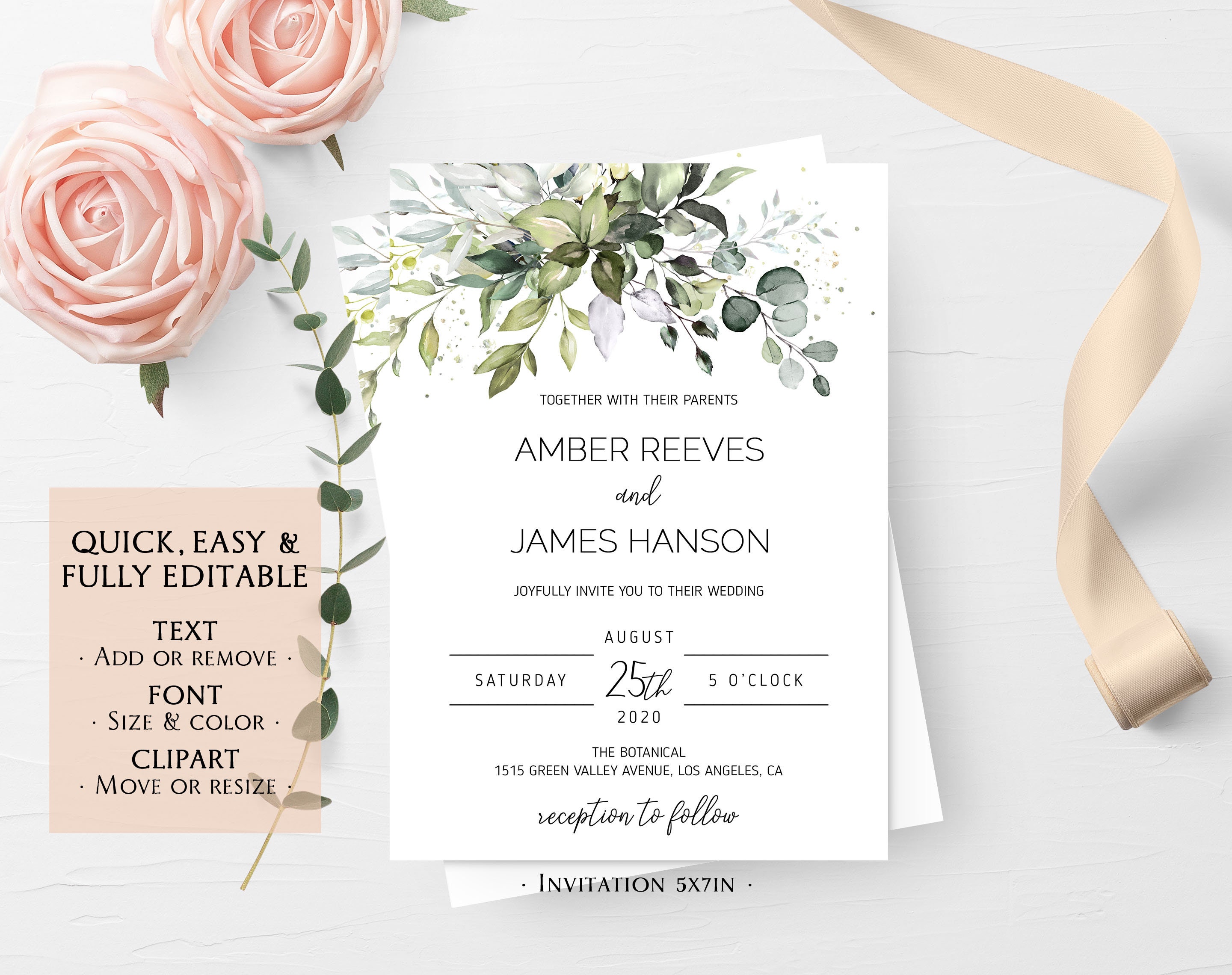Greenery Wedding Invitation Template Printable Wedding | Etsy