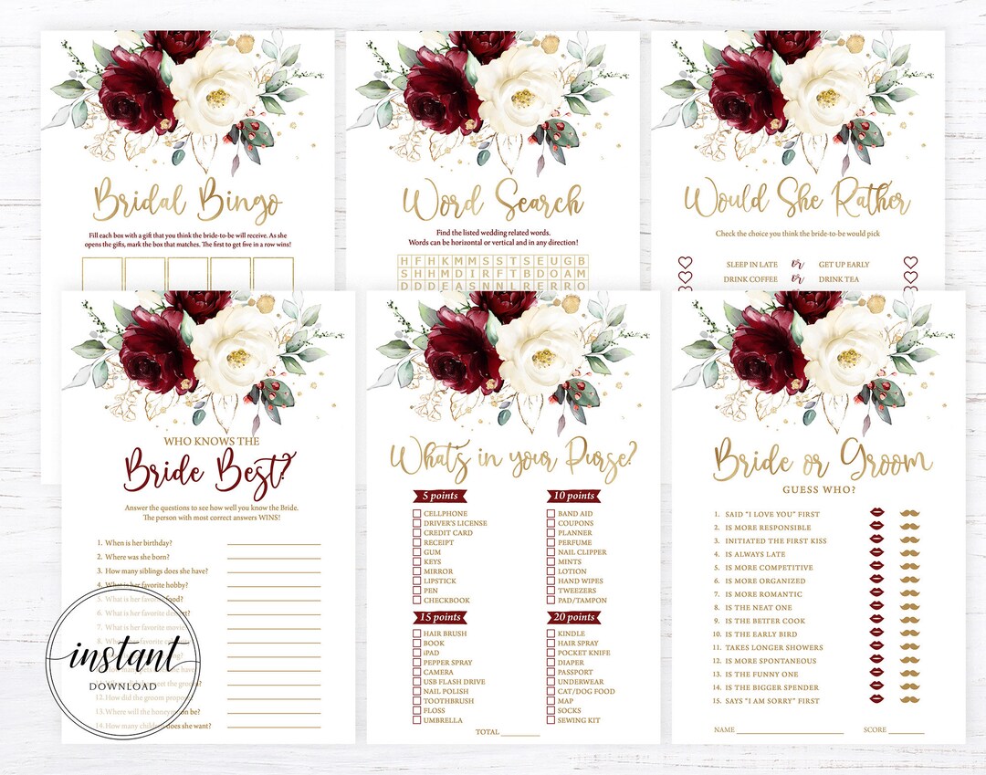 Marsala Bridal Shower Games Printable Burgundy Wedding Shower Games ...