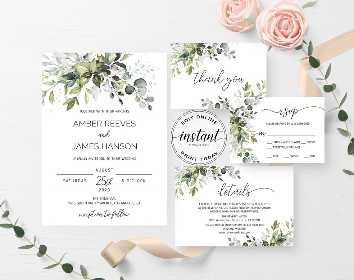 Greenery Wedding Invitation Template Printable Wedding | Etsy