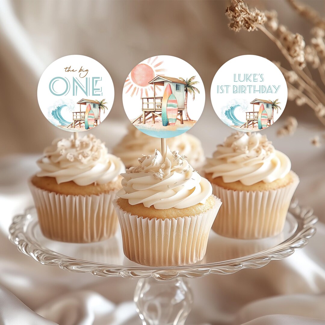 Printable Cupcake Toppers, Cake Decor | the Big ONE, Surfboard, Waves ...