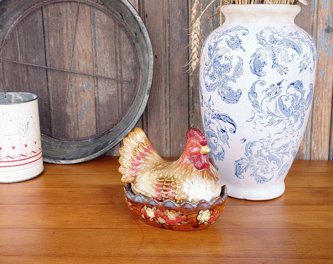 Vintage Glazed Ceramic Hen on Nest / Retro Stoneware Earthtones Nesting ...