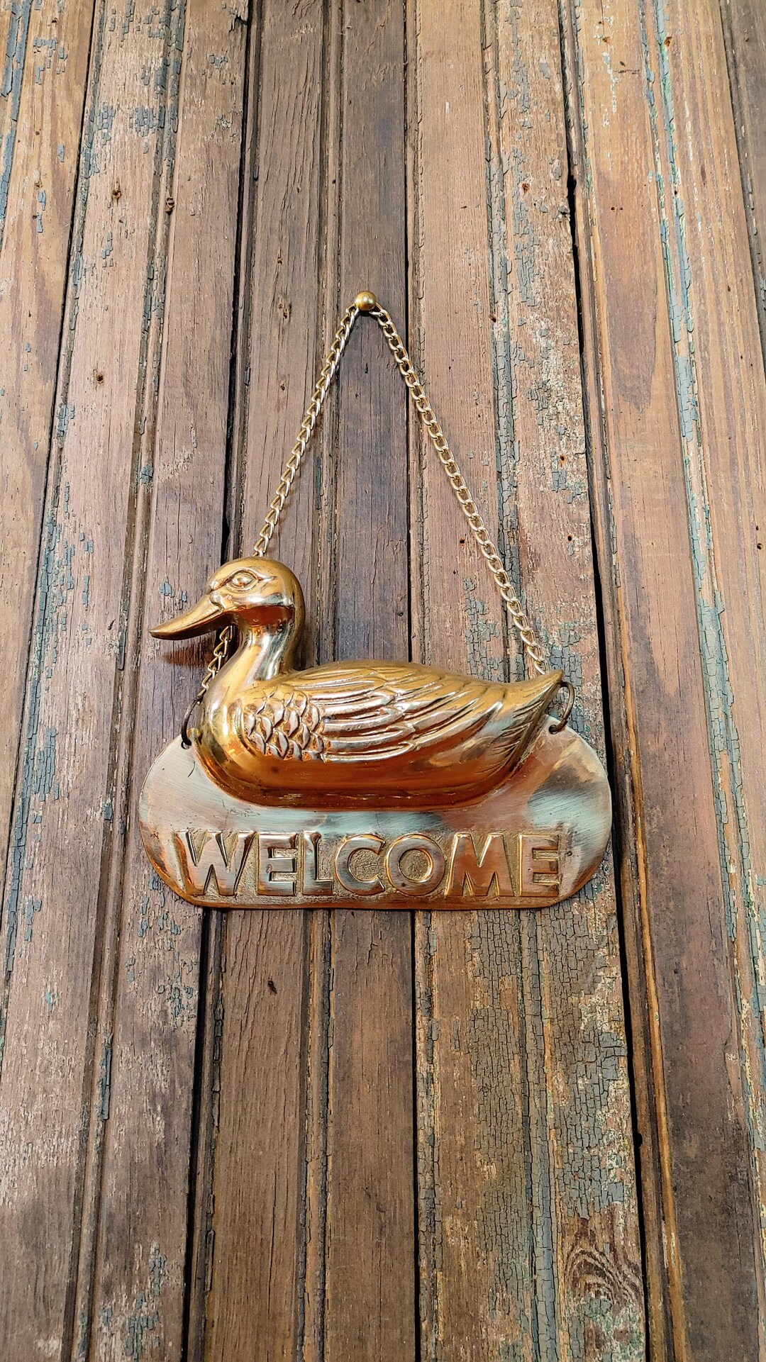 Vintage Solid Brass Mallard Duck Welcome Sign / Hanging Plaque ...
