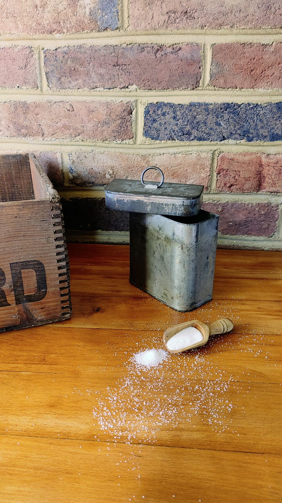 Antique Tin Salt Box / Primitive Wall Hanging Metal Salt Cellar ...