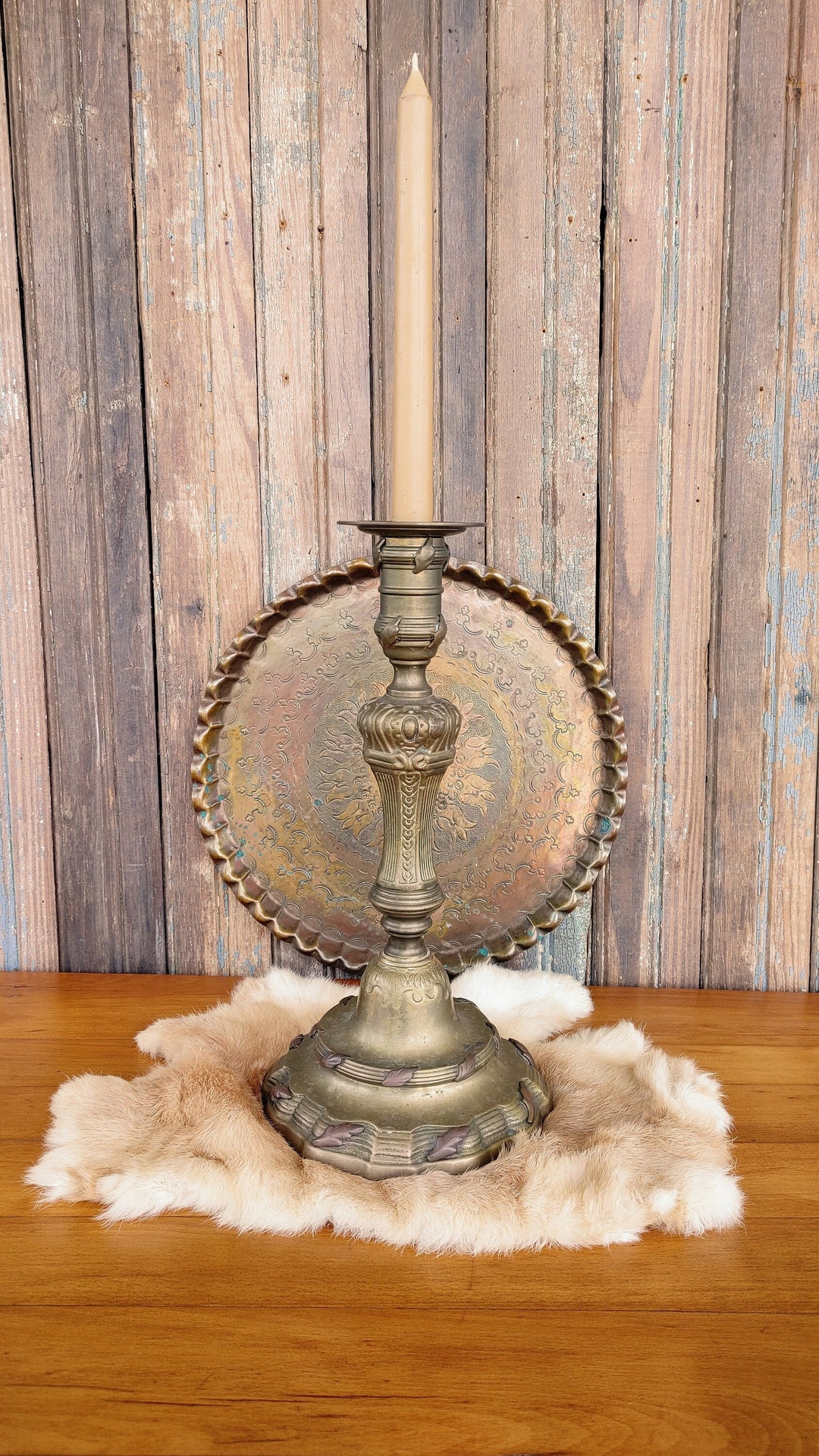 Vintage Maitland-smith Brass and Copper Altar Candlestick / Ornate Leaf ...