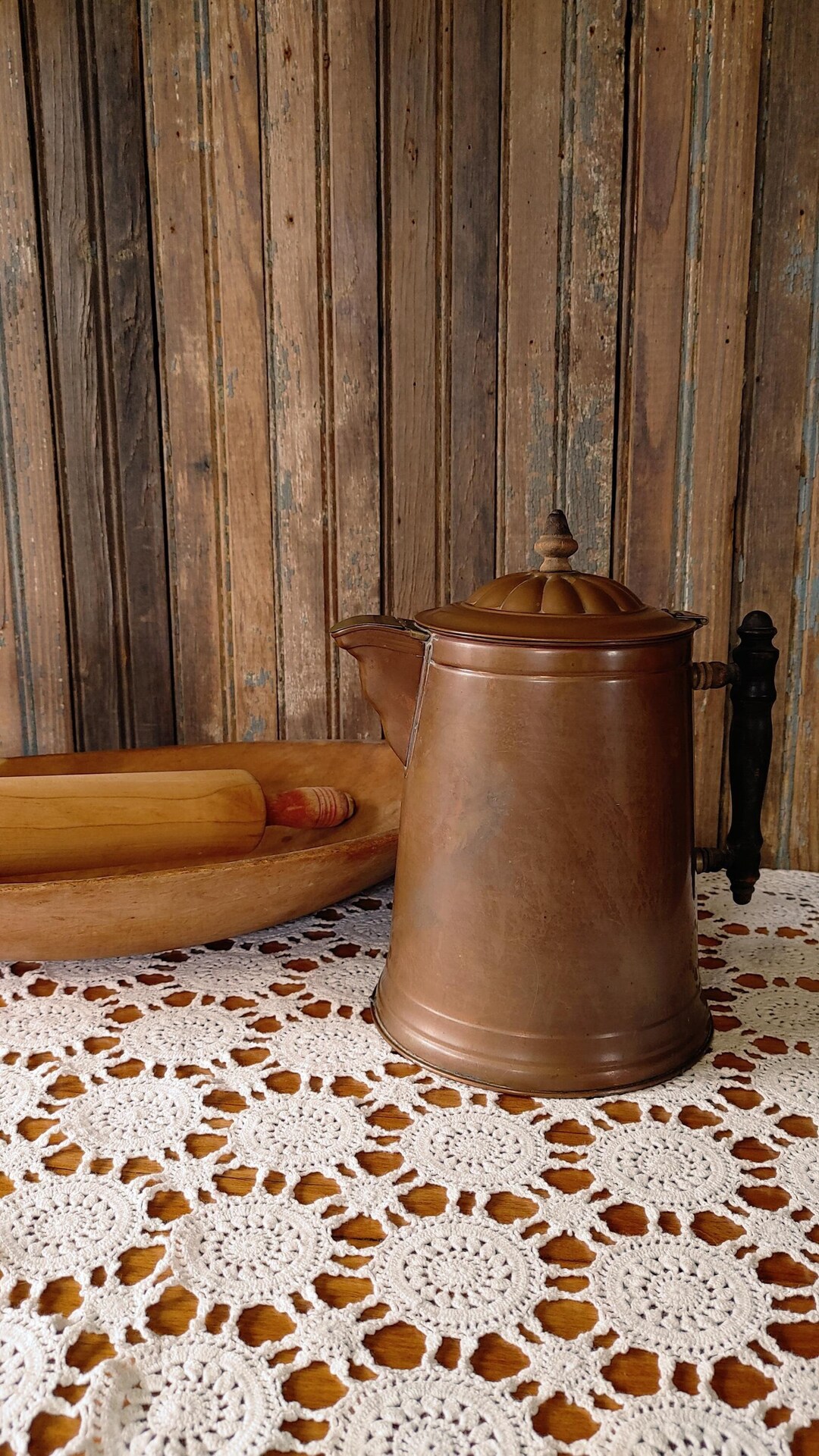 Antique Copper and Brass Kettle With Wooden Handle / Tin Lined Coffee ...