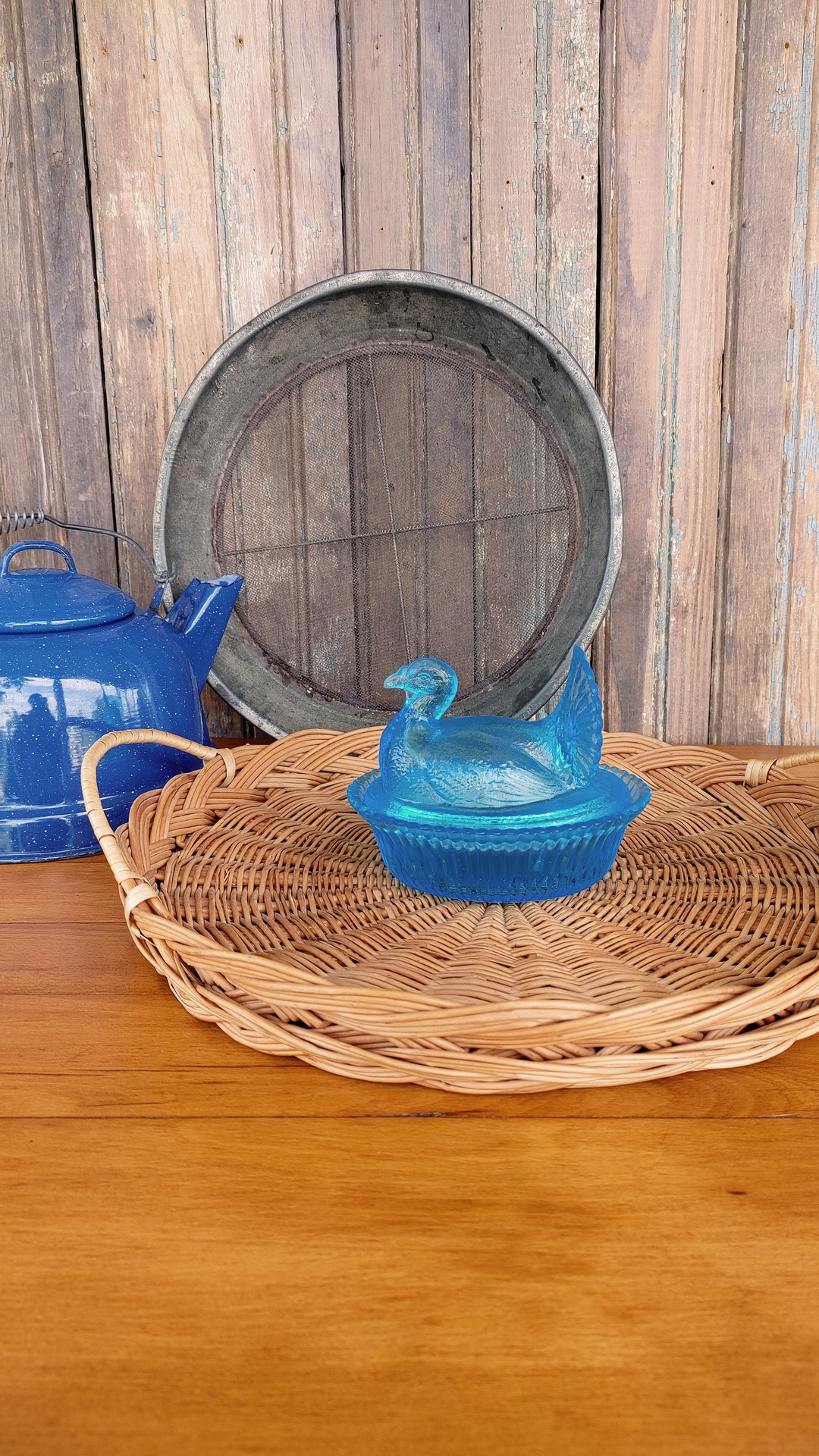 Kemple Glass Blue Turkey on Nest / Nesting Turkey Lidded Box, Candy Jar ...