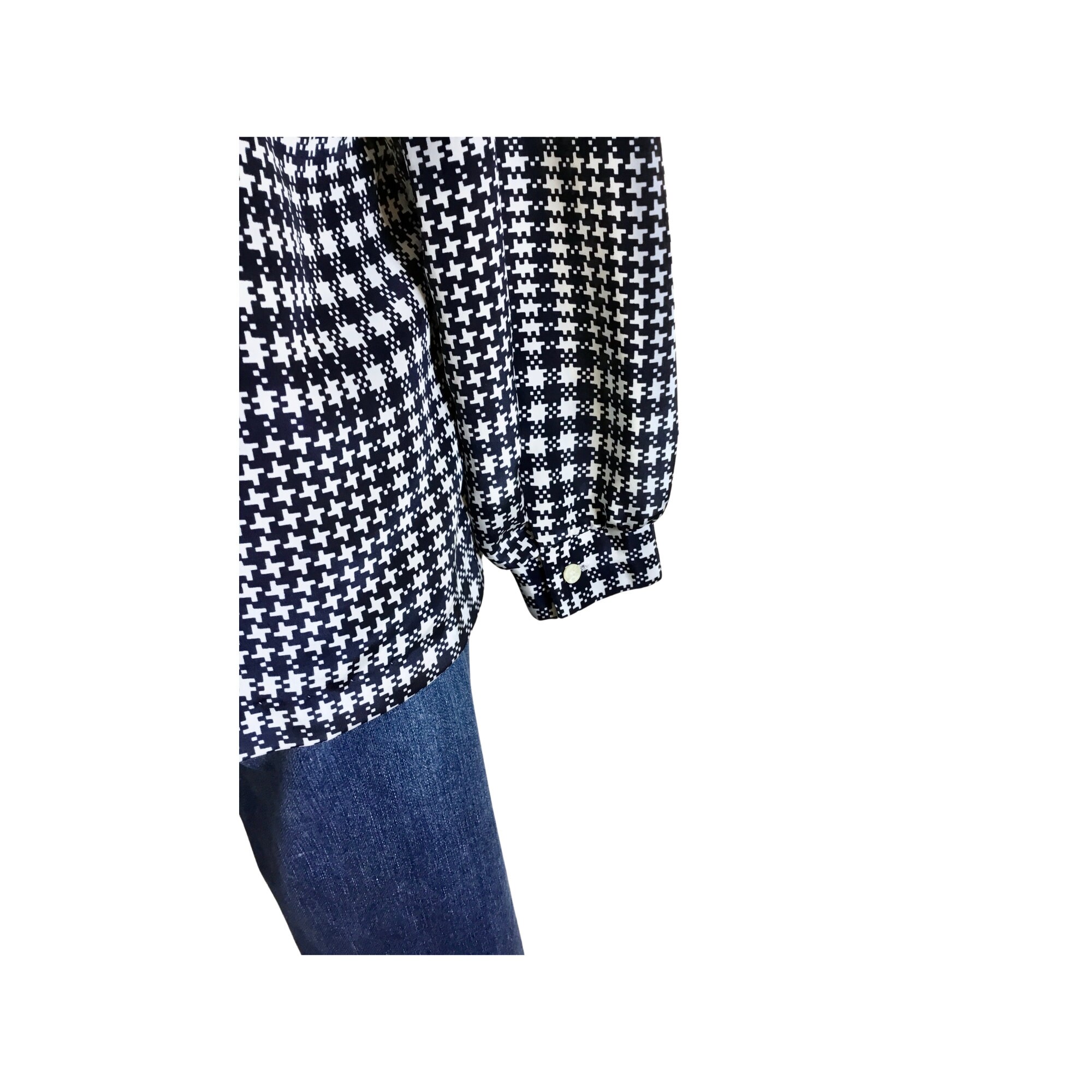 Vintage 1980s Rrrrruss Blouse Navy & White Button up Houndstooth Russ ...