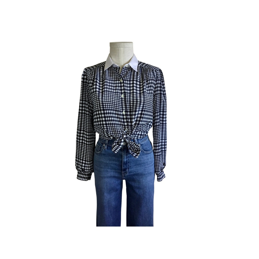 Vintage 1980s Rrrrruss Blouse Navy & White Button up Houndstooth Russ ...