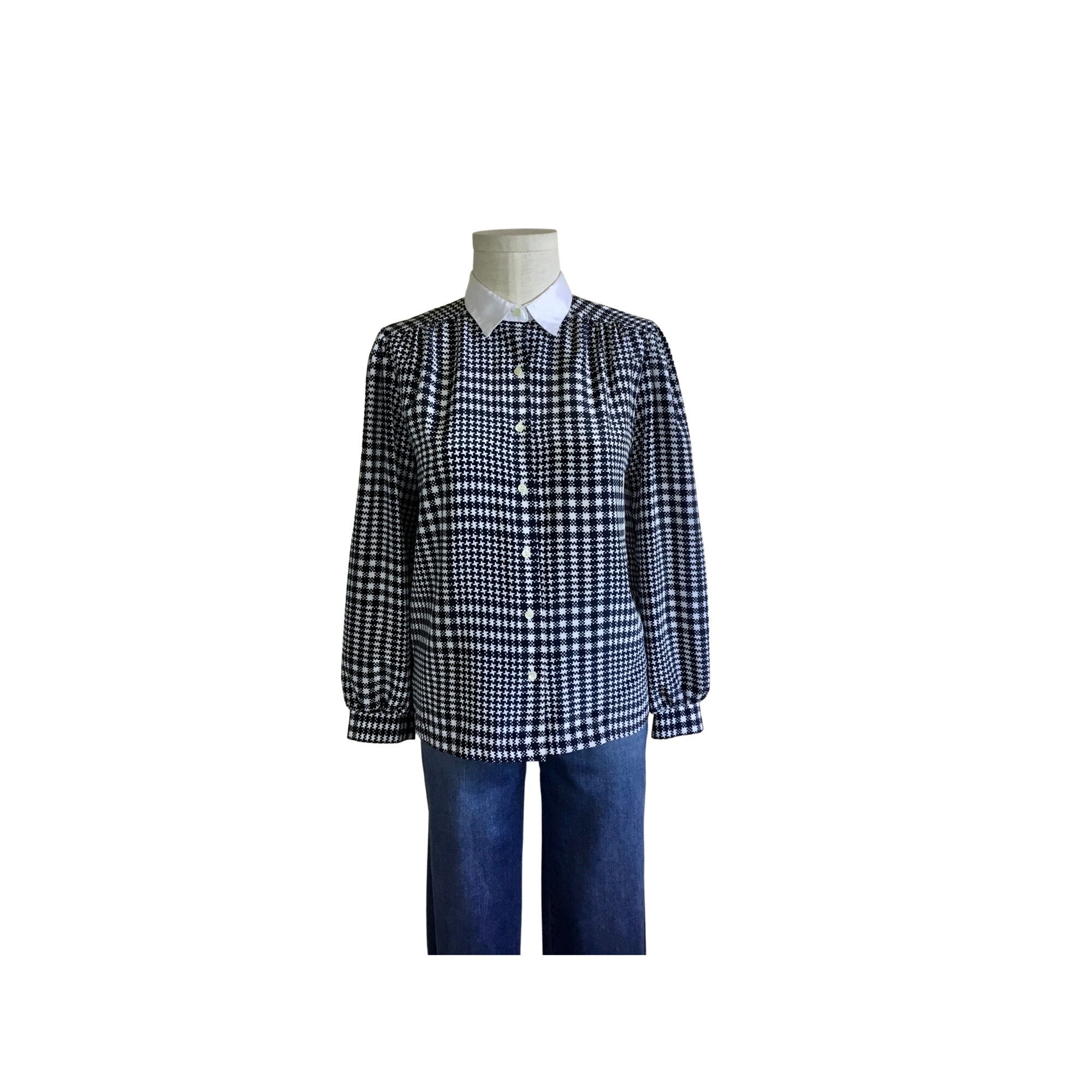 Vintage 1980s Rrrrruss Blouse Navy & White Button up Houndstooth Russ ...