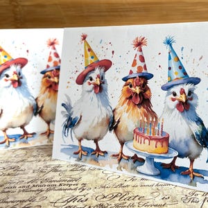 Funny Chicken Birthday Card, Silly Chickens With Party Hats and Cake ...