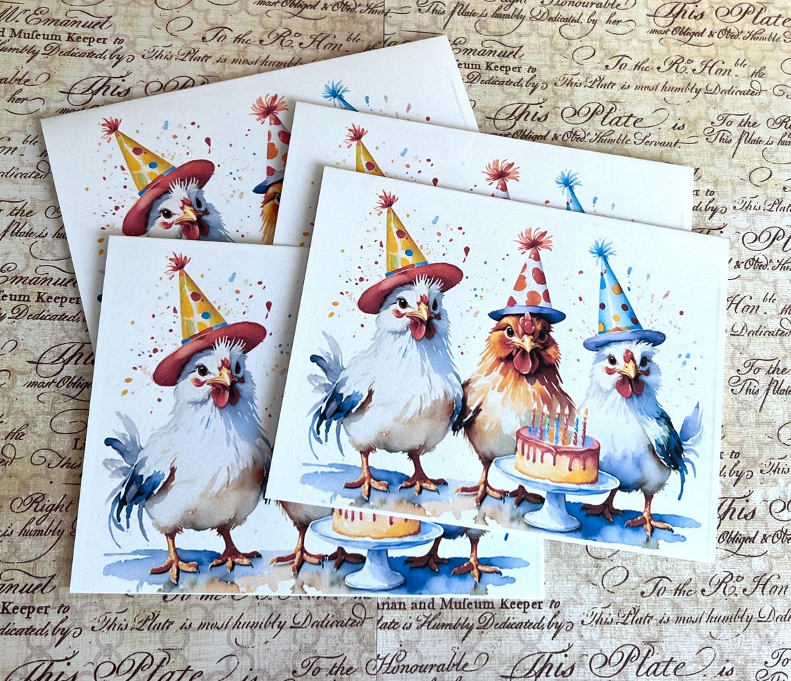 Funny Chicken Birthday Card, Silly Chickens With Party Hats and Cake ...