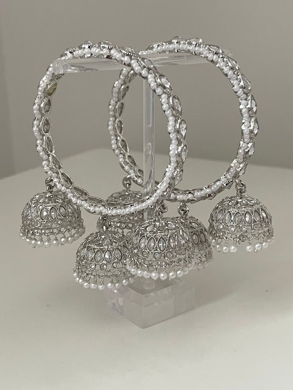 Silver Indian Pair of Triple Jhumka Jhumki Polki Bangles. Jhumki Bangles Kangan Churiya Bangle Set Silver Indian Bangles Bridal Choori Etsy Australia